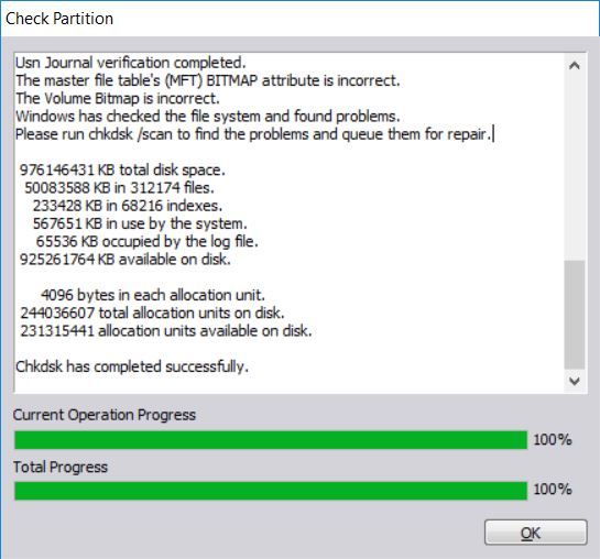 System corruption, or possible false positive errors from AOMEI Partition Assistant CHKDSK scan ...